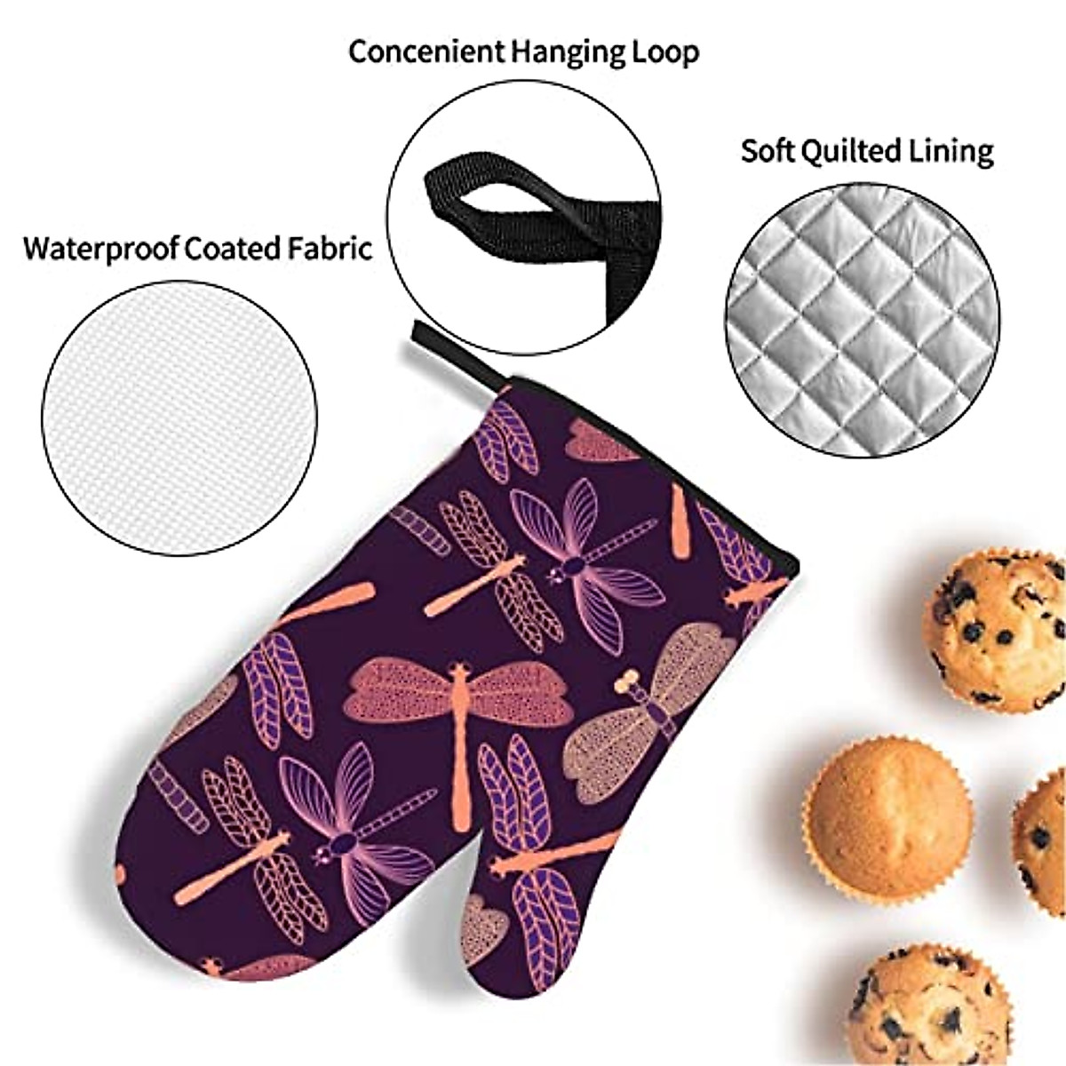 Purple Dragonfly Oven Mitts and Lid Pads, Washable and Comfortable Heat-Resistant Kitchen Non-Slip Microwave Oven Mitts for Cooking, Baking and Grilling