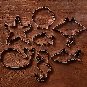 LILIAO Under The Sea Cookie Cutter Set - 7 Piece - Shark, Whale, Fish, Manta, Starfish, Shell and Seahorse Biscuit Fondant Cutters - Stainless Steel