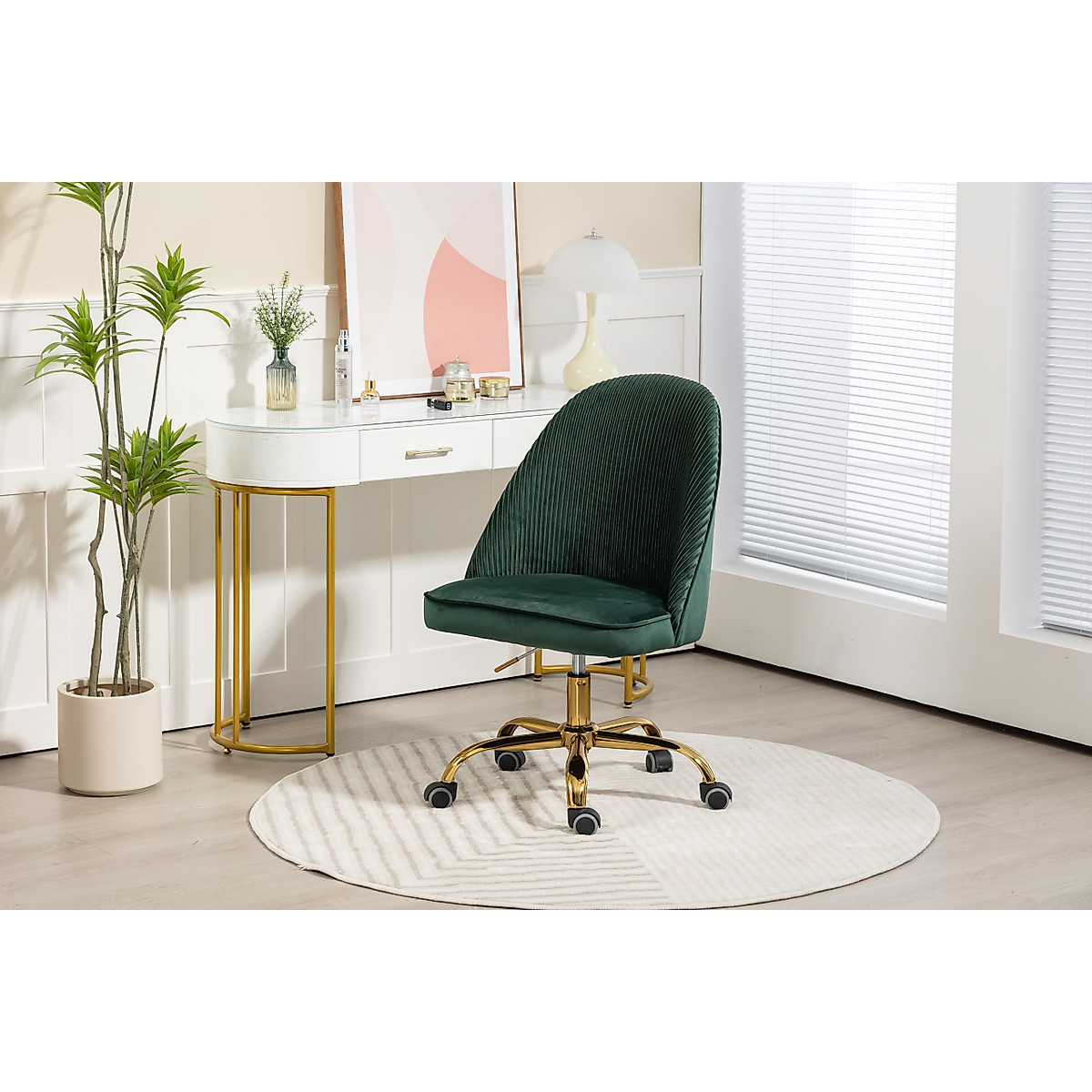 ZOBIDO Comfy Home Office Task Chair with Wheels, Cute Modern Upholstered Velvet Seashell Back Adjustable Swivel Vanity Desk Chair, for Women, for Kids, for Girls, Living Room, Bedroom（Green）