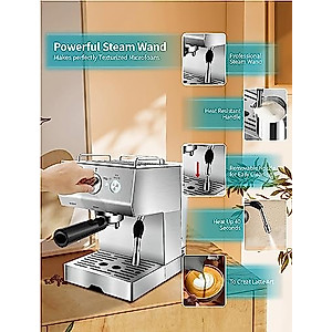 Espresso Machine, Stainless Steel Espresso Machine with Milk Frother for Latte, Cappuccino, Machiato,for Home Espresso Maker, 1.8L Water Tank, Semi Automatic Espresso Machines 20 Bar