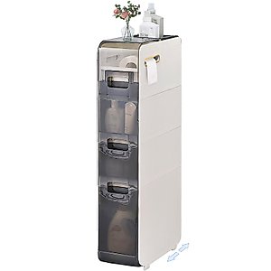 4-Tiers Bathroom Floor Storage Cabinet Narrow Slim Tall Movable Towel Organizer Side Freestanding Rolling Unit with Clear Drawers for Small Space Laundry Living Room Gap