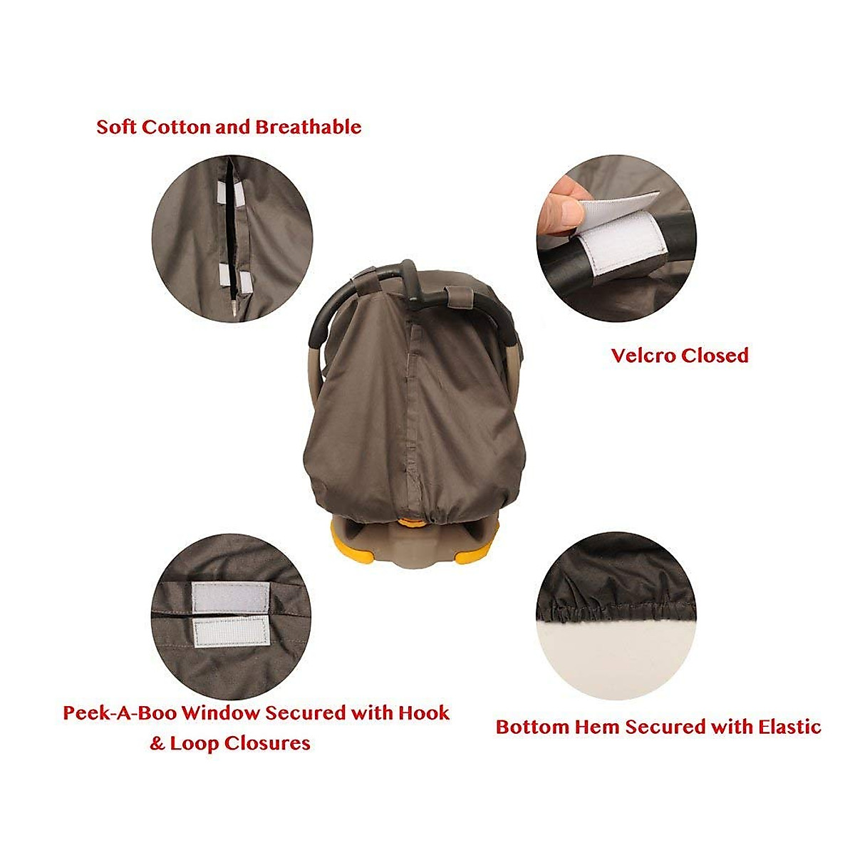 Elisabeth Nielsen Baby Car Seat Canopy Cover with Peek-a-Boo Opening | Universal Fit for Boys & Girls | Lightweight, Breathable, Gray Cotton | Bonus Burp Cloths