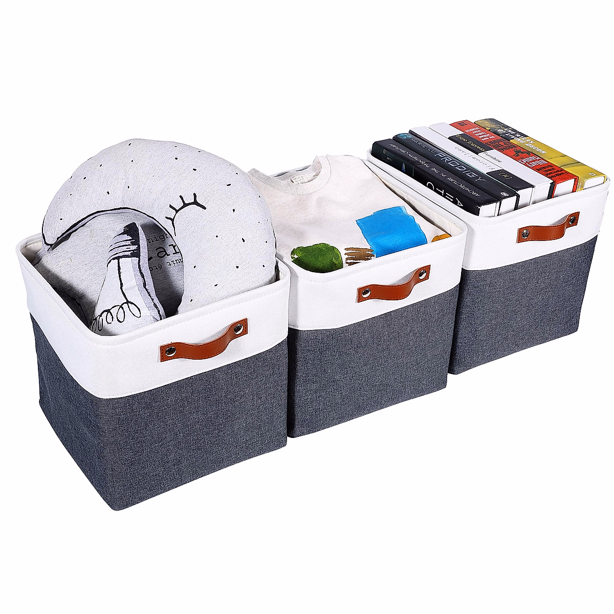 WANMEI Foldable Cube Storage Bins 13x13x13 IN 3 Pack Collapsible Sturdy Cationic Fabric Storage Basket with Leather Handles for Organizing Shelf Nursery Home Closet Office(Grey and White)