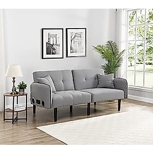 Lepfun Linen Fabric Ottoman Sofa Bed with Stereo, Adjustable Couch Bed, Modern Folding Recliner Sleeper Reversible Loveseat Convertible Daybed Sofa for Listening to Music, Reading & Relaxing, Gray