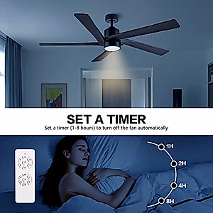 WINGBO 54 Inch DC Ceiling Fan with Lights and Remote Control, 5 Reversible Carved Wood Blades, 6-Speed Noiseless DC Motor, Modern Ceiling Fan in Matte Black Finish with Walnut Blades, ETL Listed