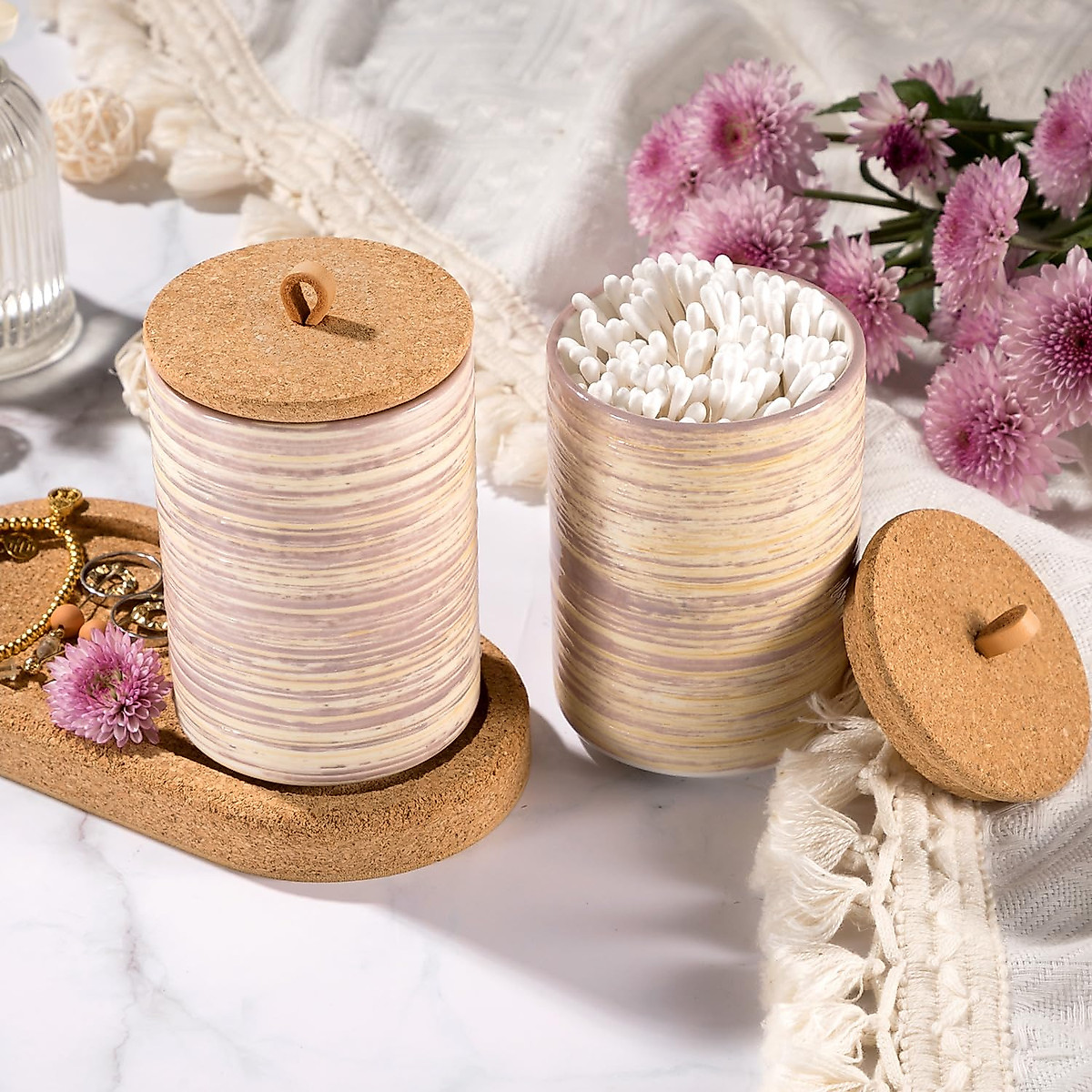 Ceramic Bathroom Canister Jars, 2 Pack Qtip Holder Dispenser with Lid and Tray, Cotton Ball Swab Pad Holder for Bathroom Essential Accessories Vanity Organizers-Light Purple