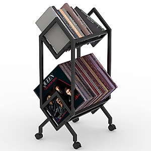 MOOMLIFE Mobile Vinyl Record Storage Rack, LP Storage Shelf, Record Holder for Albums, Magazine Display, Book and Files Organizer, 2 Tier Vinyl Record Stand with Matte Black Metal
