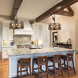 ACNKTZ 19.7'' Farmhouse Dining Room Light Fixture, 5-Light Metal Drum Chandelier, Black with Retro Wood Texture Interior