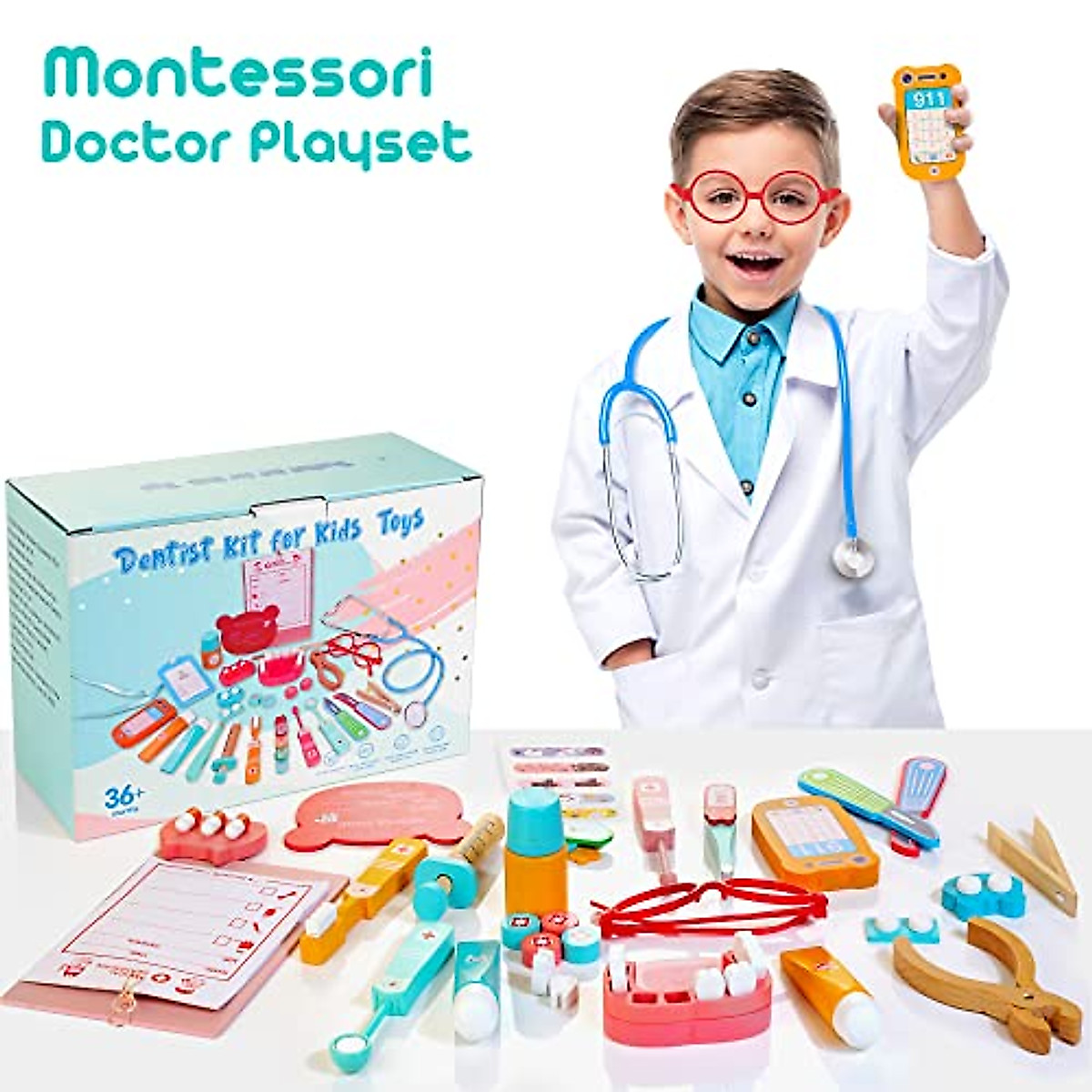 Wooden Dentist Kit for Kids, 41 Pieces Toy Medical Kit with Stethoscope & Medical Storage Bag, Montessori Pretend Doctor Kit Toys for 3 4 5 6 Years Old Boys Girls