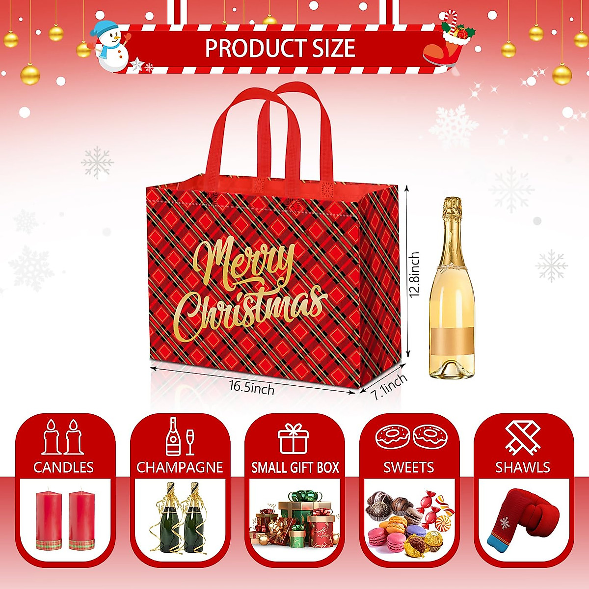 12Pack Extra Large Christmas Gift Bags, 16.5"×12.6"×7.2" Reusable Non-Woven Christmas Tote Bags with Handles, Multifunctional Holiday Gift Bags for Christmas Presents, Party Favors, Groceries, and Goodies
