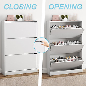 BORNOON Shoe Cabinet with 3 Flip Drawers, Hidden Wood Shoe Cabinet,Freestanding Shoe Storage Cabinet for Entryway Hallway.White. 47.2" H*31.5" W*9.25" D.