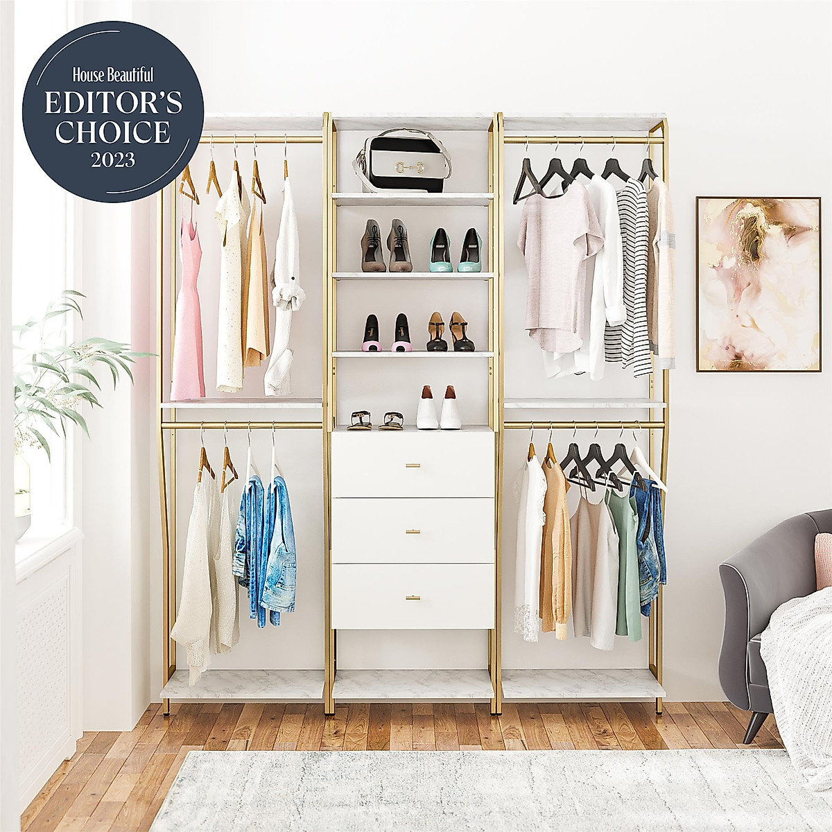 CosmoLiving by Cosmopolitan Gwyneth Closet 3 Piece Bundle- 2 Hanging Rod & 1 Drawer Unit, White Marble