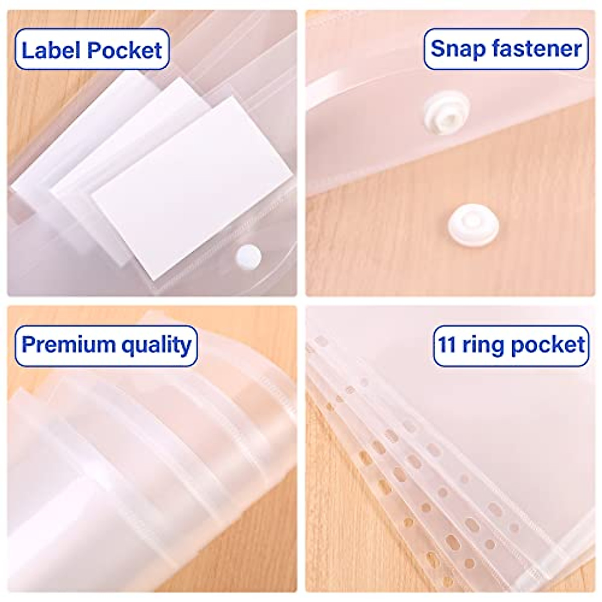 Vobou 12 Pack Plastic Envelopes Clear Binder Pocket 11 Holes Expandable Binder Folders for 2/3/4 Ring Document Pouch, Snap Button and Lable Poly Envelopes for School, Home and Office