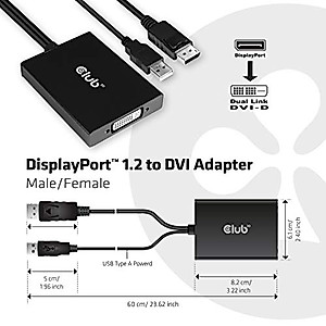 Club 3D CAC-1010 DisplayPort to DVI Dual-Link DVI-D Active Adapter for Your Monitor/Display - USB A Powered – 2560x1600 Resolution HDCP Supported NOT for Apple Cinema Monitors, Black