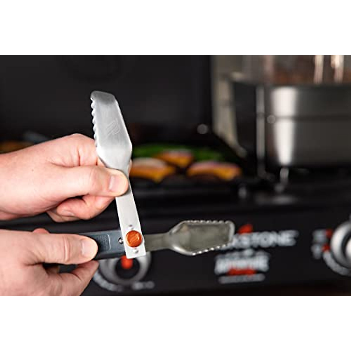 Blackstone 5294 Foldable 2 Piece Hamburger Spatula Flipper and 1 BBQ Tong-Flex Fold Model Stainless Steel-Easy to Carry and Clean Griddle Accessories Tool Set, Black, Orange