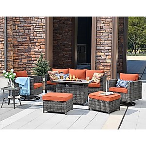 HOOOWOOO Outdoor Patio Furniture Sets 7 Pieces Patio Conversation Sets Weather Resistant Wicker Sofa Seating Set with 42" Fire Pit Swivel Rocking Chairs for 5 Persons Outside,Orange Red