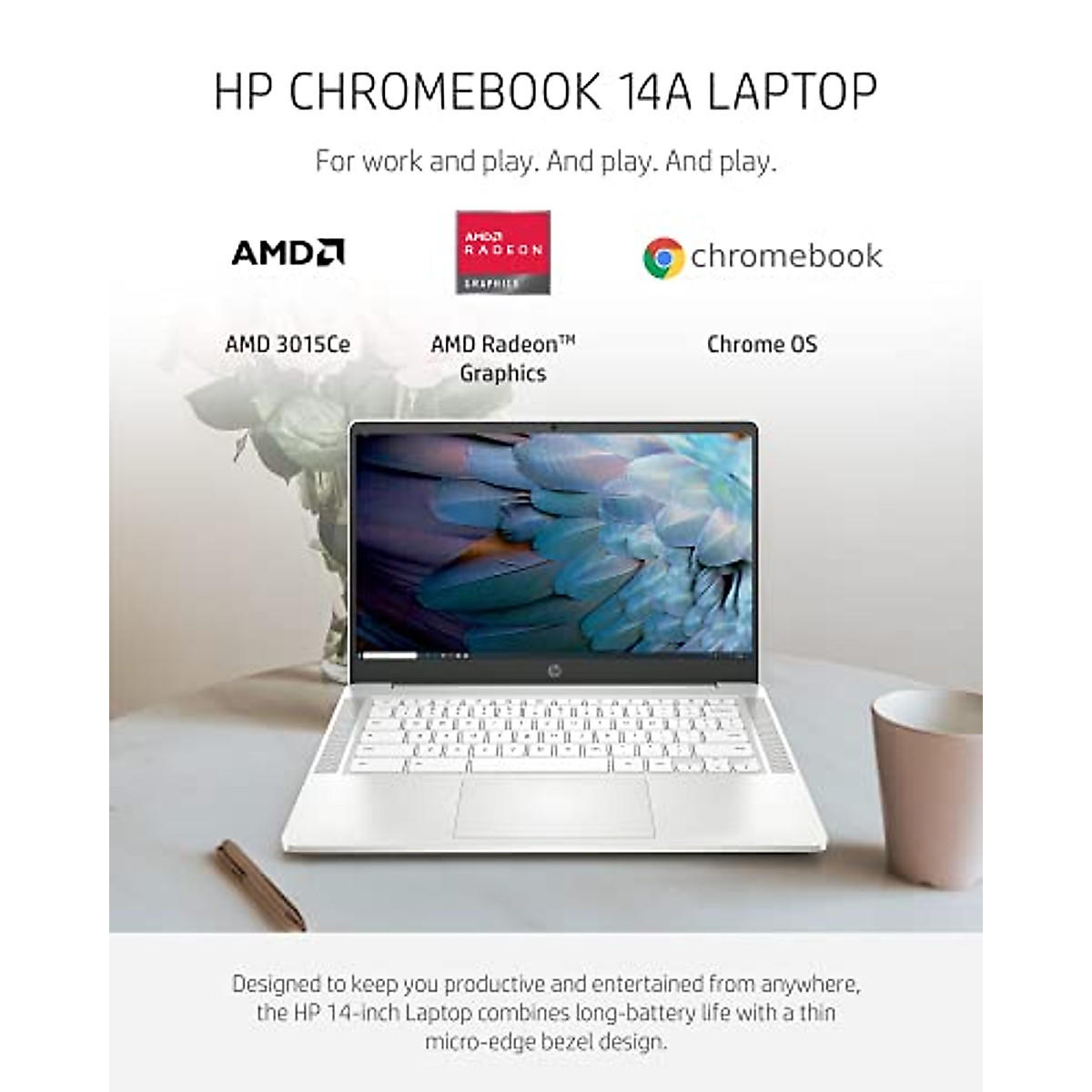 HP Chromebook 14a Laptop, AMD 3015Ce Processor, 4 GB RAM, 32 GB eMMC Storage, 14-inch Micro-Edge HD Display, Google Chrome OS, Anti-glare Screen, Long-Battery Life (14a-nd0021nr, 2021, Ceramic White)