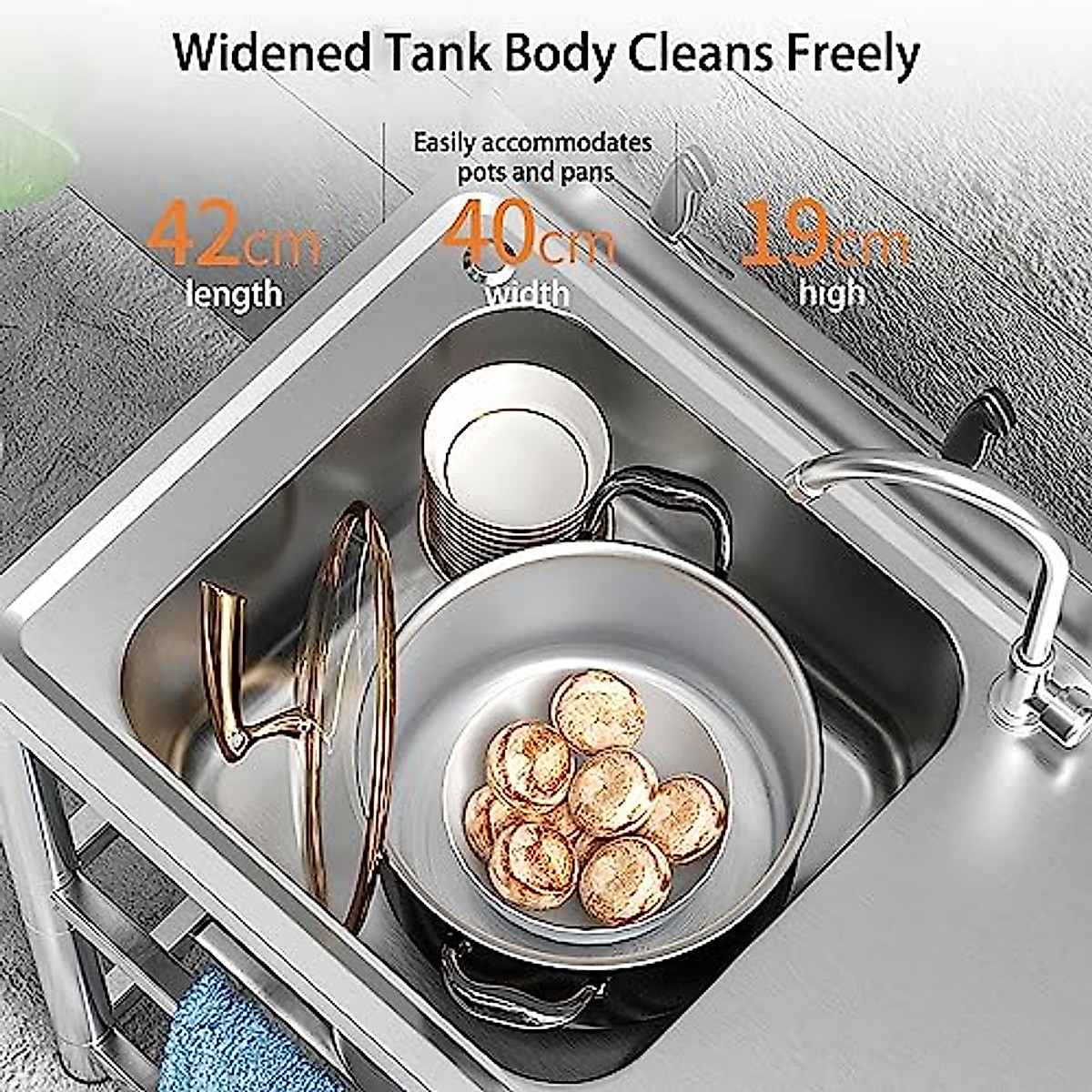 Free Standing Commercial Restaurant Kitchen Sink,Commercial/Industrial Sink,Stainless Steel Utility Sink w/Faucet, Stainless Steel 1 Compartment Utility Sink ( Color : Hot and cold , Size : LEFT_80*50