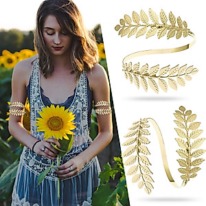 RechicGu Gold 2 Pieces Wedding Arm Bracelet Christmas Tree Leaf Cuff Bangle Band Upper Open Armlet Armband Adjustable Set Jewelry Minimalist Festival Dancer