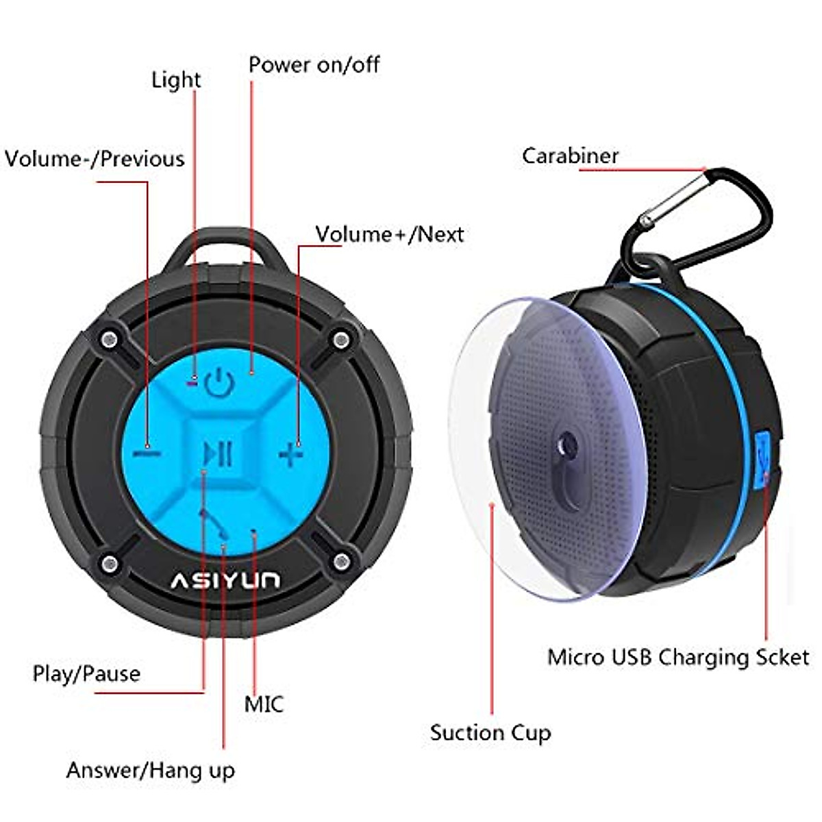 ASIYUN Shower Speaker, IPX7 Waterproof Bluetooth Speaker, Loud HD Sound, Portable Wireless Speaker with Suction Cup & Sturdy Hook, Built-in Mic, for Shower, Pool, Beach, Outdoor(Blue)