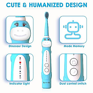 CHAIN PEAK Dinosaur Toothbrush, Kids Sonic Electric Toothbrush for Children, Toddlers Boys Girls Age 3-12 with 30s Reminder, 2 Mins Timer, 5 Modes, 8 Brush Heads