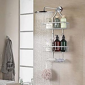 Shower Caddy Over Shower Head, Hanging Shower Caddy, Rustproof Shower Organizer with Hooks for Razor/Sponge, Over The Shower Head Caddy with Soap Basket (Silver))