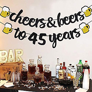 45th Birthday Decorations Cheers to 45 Years Banner for Men Women Birthday Backdrop Wedding Aniversary Party Supplies Decorations Black Glitter Pre Strung