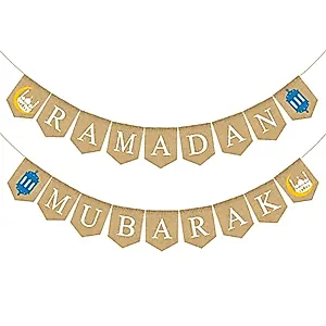 PTFNY Ramadan Mubarak Burlap Banner Muslim Ramadan Mubarak Bunting Banner Garland with Moon Castle Lantern Signs for Islamic Ramadan Eid Festival Celebration Mantle Fireplace Wall Party Decorations