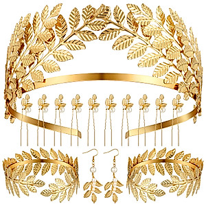 WILLBOND 15 Pieces Greek Goddess Costume Accessories Women Toga Golden Leaves Bridal Crown Headband Bracelet Pearl Earrings and Hair Pins (Fresh Style)