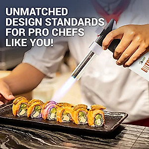 Jo Chef Pro Butane Torch Lighter - Refillable Butane Torch Head, Small Butane Torch with Safety Lock & Adjustable Flame - Culinary Blow Torch, Creme Brulee Torch, Baking, Included 2 Butane Canisters