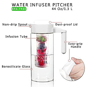 1.3L/44oz Glass Fruit Infuser Water Pitcher with Lid and Handle, Borosilicate Glass Jug with Removable Filter, for Hot/Cold Beverage, BPA-free (White)