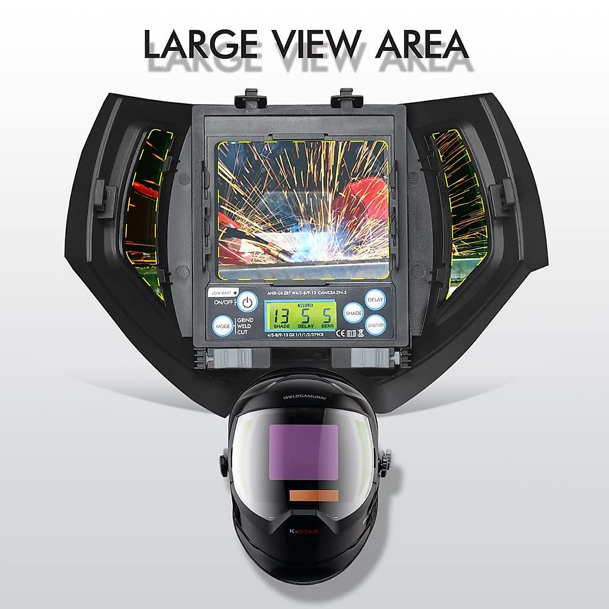 WELDSAMURAI Large Viewing Welding Helmet Auto Darkening with Side View, 4 Arc Sensor True Color Panoramic Welder Mask Variable Shade 4/5-8/9-13 for TIG MIG ARC Grinding Plasma