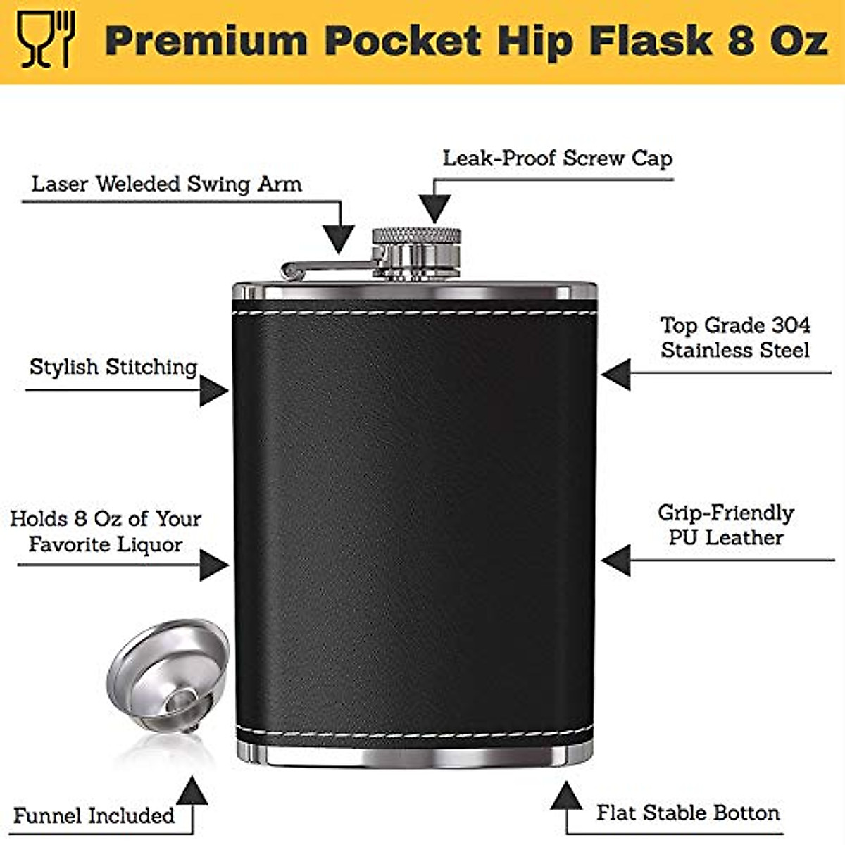 Flask for Liquor and Funnel - 8 Oz Leak Proof 18/8 Stainless Steel Pocket Hip Flask with Black Leather Cover for Discrete Shot Drinking of Alcohol, Whiskey, Rum and Vodka | Gift for Men