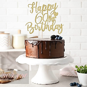 YUINYO 60th Handmade Glitter happy birthday Cake Topper, Cheers to 60th birthday Cake Bunting Decor,Birthday Party Decoration Supplies (Gold)