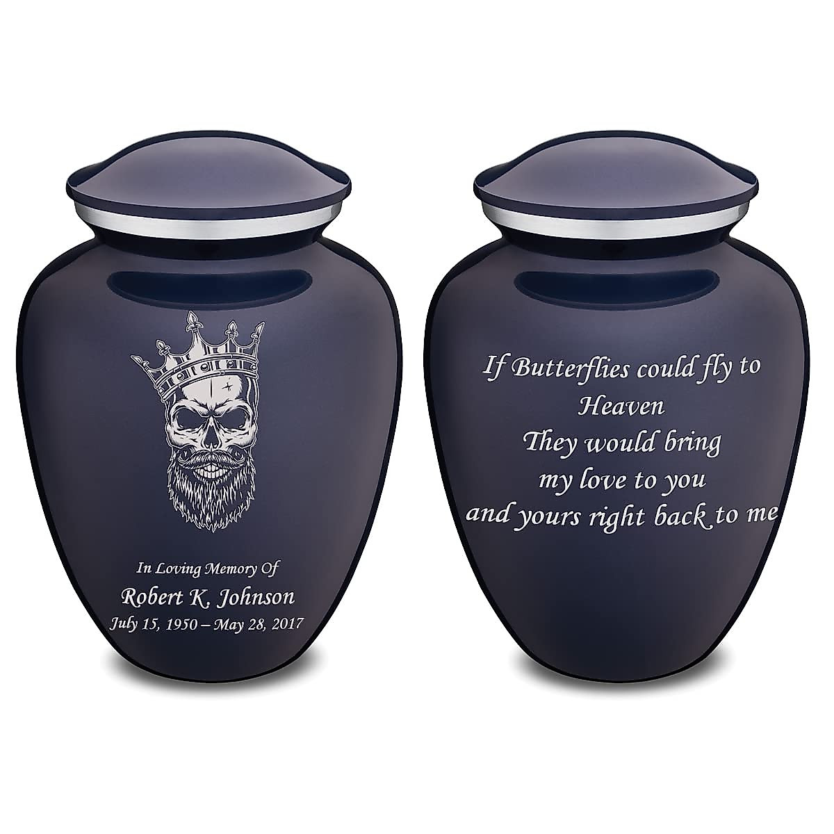 GetUrns Embrace Personalized Skull Adult Cremation Urn with Custom Engraving for Human Ashes for Funeral, Burial, Niche or Columbarium–200 Cubic Inches–Urns for Adult Ashes (_Cobalt Blue Double Sided)
