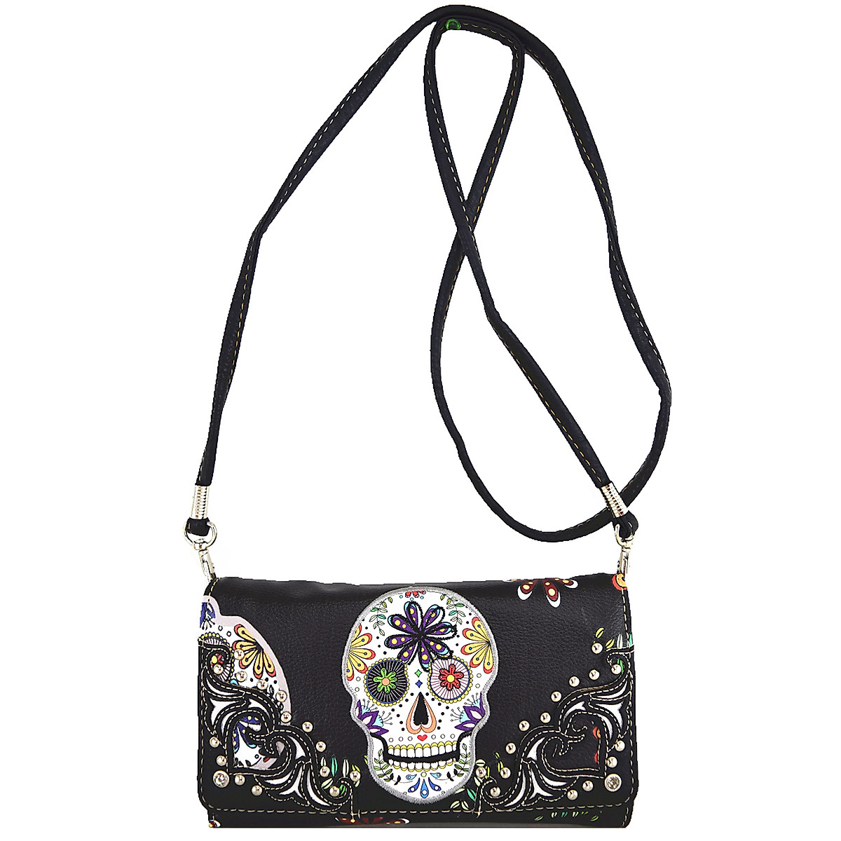 Western Style Sugar Skull Studded Country Purse Single Shoulder Bag Clutch Women Blocking Wristlet Wallet (Fuchsia)