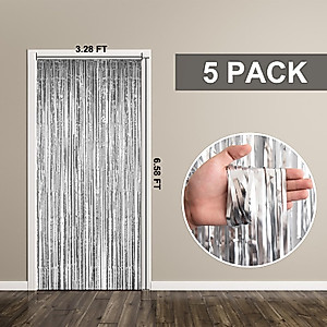 5 Pack Foil Curtain Backdrop Silver Metallic Tinsel Foil Fringe Curtains Photo Booth Props for Birthday Wedding Engagement Baby Shower Bachelorette Christmas Holiday Celebration Party Decorations