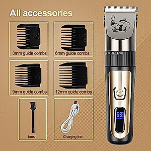 AJELU Dog Clippers, Cordless Low Noise Rechargeable Electric Dog Grooming Clipper Kit, Adjustable Clipper Comb & Detachable Blades Dog Trimmer, Suitable for Dogs, Cats, Pets