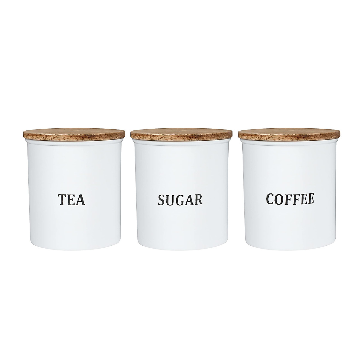 Coffee Sugar Tea Canister Set of 3 - Galvanized Metal With Wooden Lid - Beautiful Fancy Elegant Decorative Food Storage Jars Perfect for Farmhouse Kitchen Décor Restaurant Bar - 4.75 Inch - Off White
