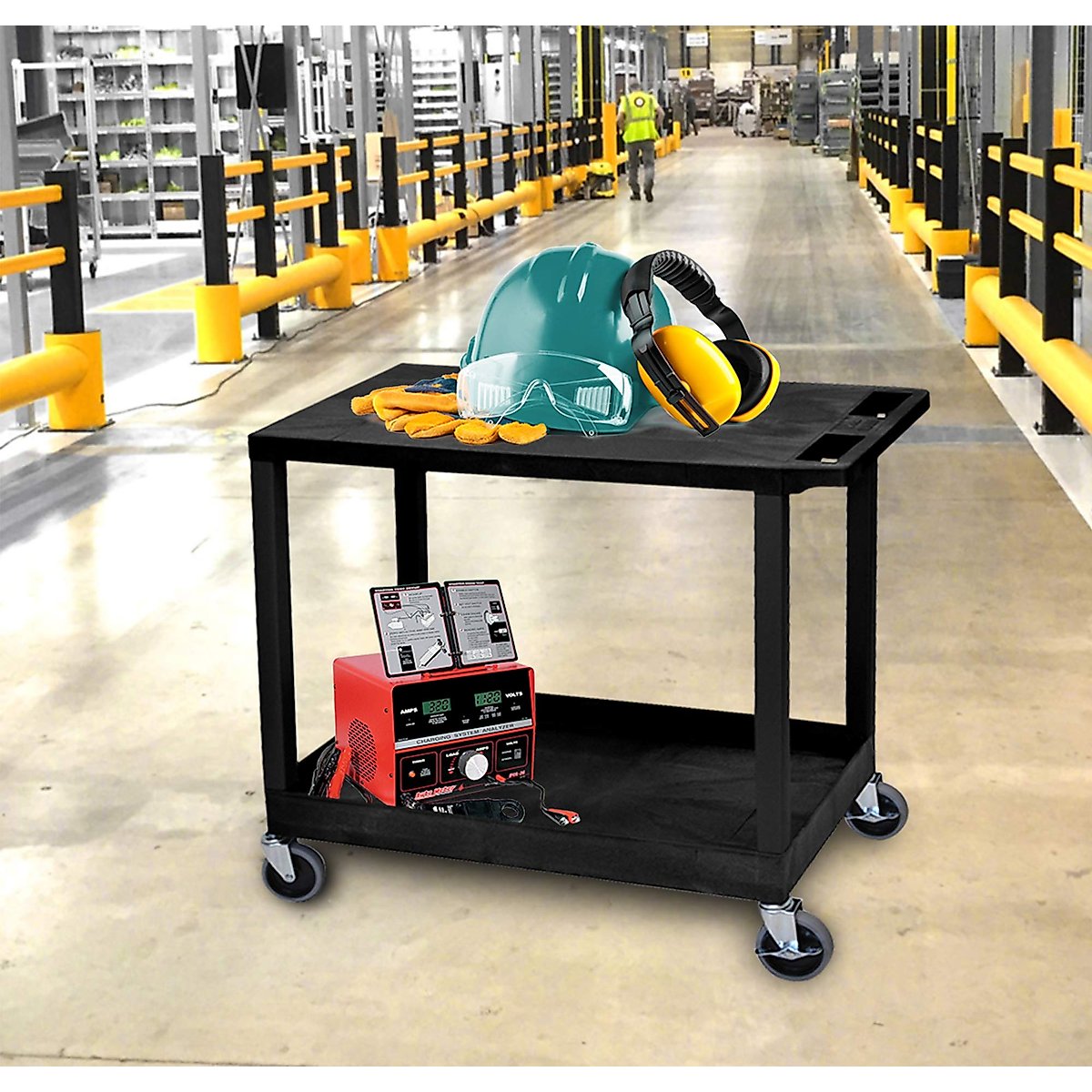 Offex 32" x 18" Mobile Heavy-Duty Multipurpose Utility Cart with One Tub and One Flat Shelf, Push Handle - Black, Great for Garage, Shop or Storage Area