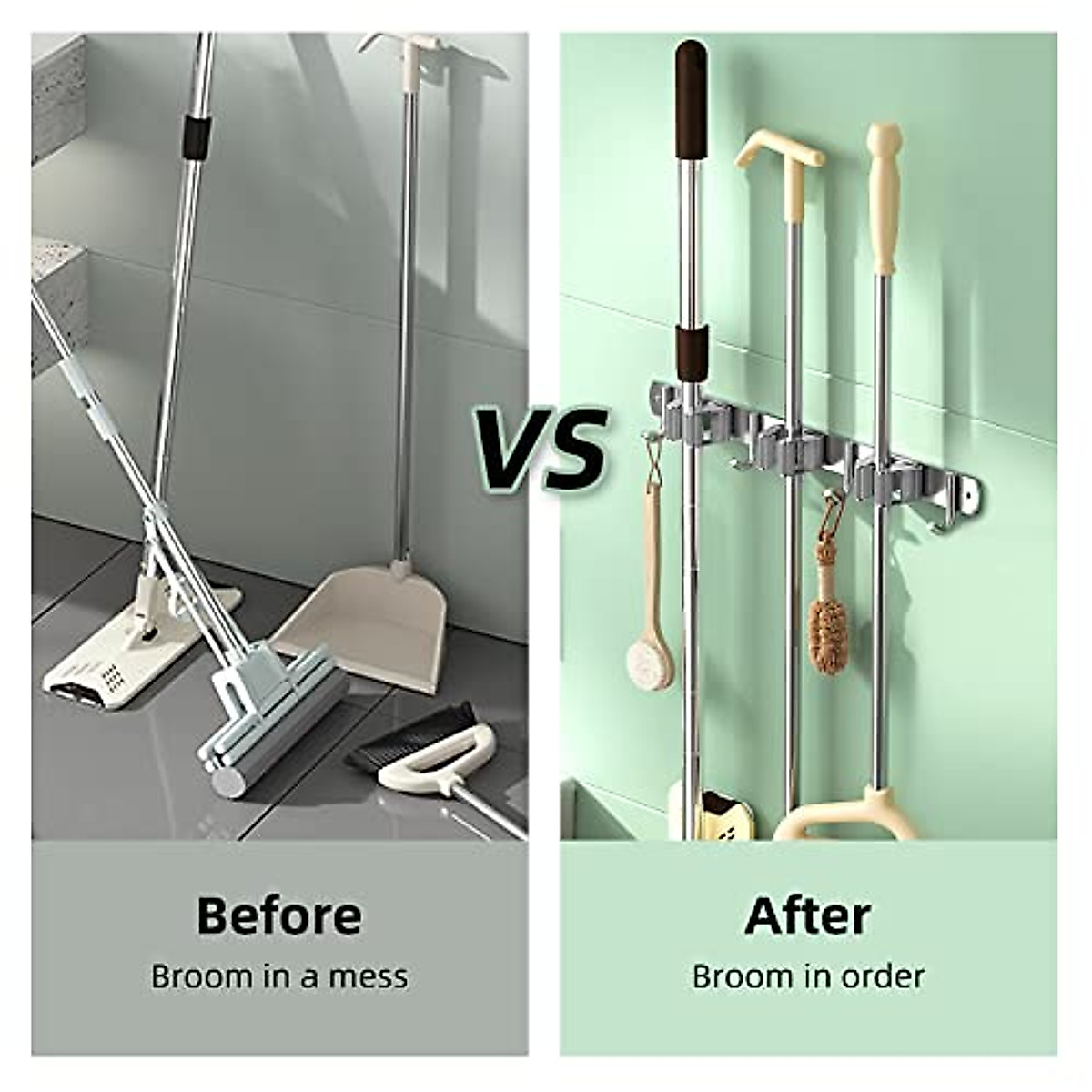 dsfen 2 Pcs Broom Holder Wall Mount Stainless Steel Mop Holder Broom Hanger Heavy Duty Broom Holder for Laundry Room Garden Garage Bathroom (3 Racks 4 Hooks)