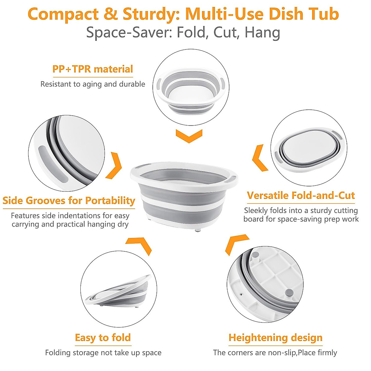 Collapsible Multi-Purpose Plastic Dish Basin 8L(2 Gallon), Space Saving Dish Tub, Folding Chopping Board, 3 in 1 Multifunction Camping Sink for Dish Washing, BBQ Prep, Camping (Gray-1)