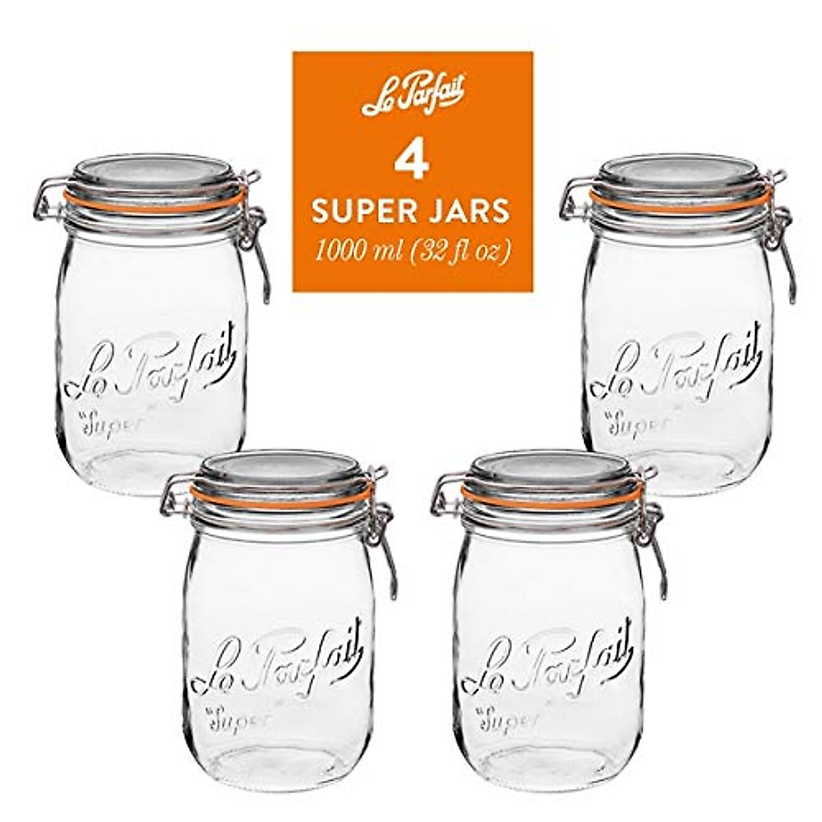 Le Parfait Super Jar, Canning Jars, 1L French Glass Canning Jar w/Round Body, Glass Jars With Airtight Lid, Canning Jars Wide Mouth, Glass Jar With Lid, Clear Jars, Clear Glass Jars (32oz/Quart, 4 pk)