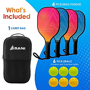 Asani Pickleball Paddle Set of 4-7-Ply Basswood Construction with Durable Edge Guard, Includes 6 Balls and Carry Bag, Ideal for Beginners and Intermediates