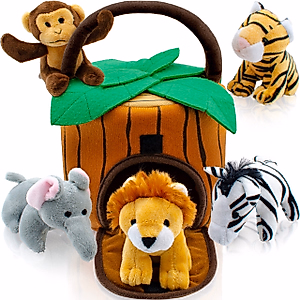 Play22 6-Piece Plush Talking Jungle Animals Set with Carrier for Kids, Babies & Toddlers - Elephant, Tiger, Lion, Zebra, Monkey