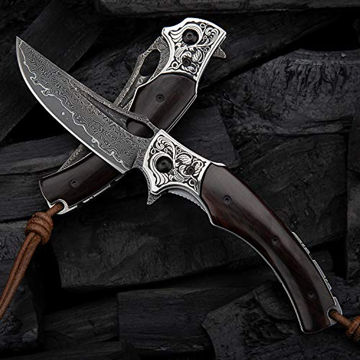 SPIRIT DEED 3.5in handmade japanese vg10 damascus steel blade folding pocket knife for men and women,leather sheath,ebony wood handle,liner lock,edc outdoor knives for camping