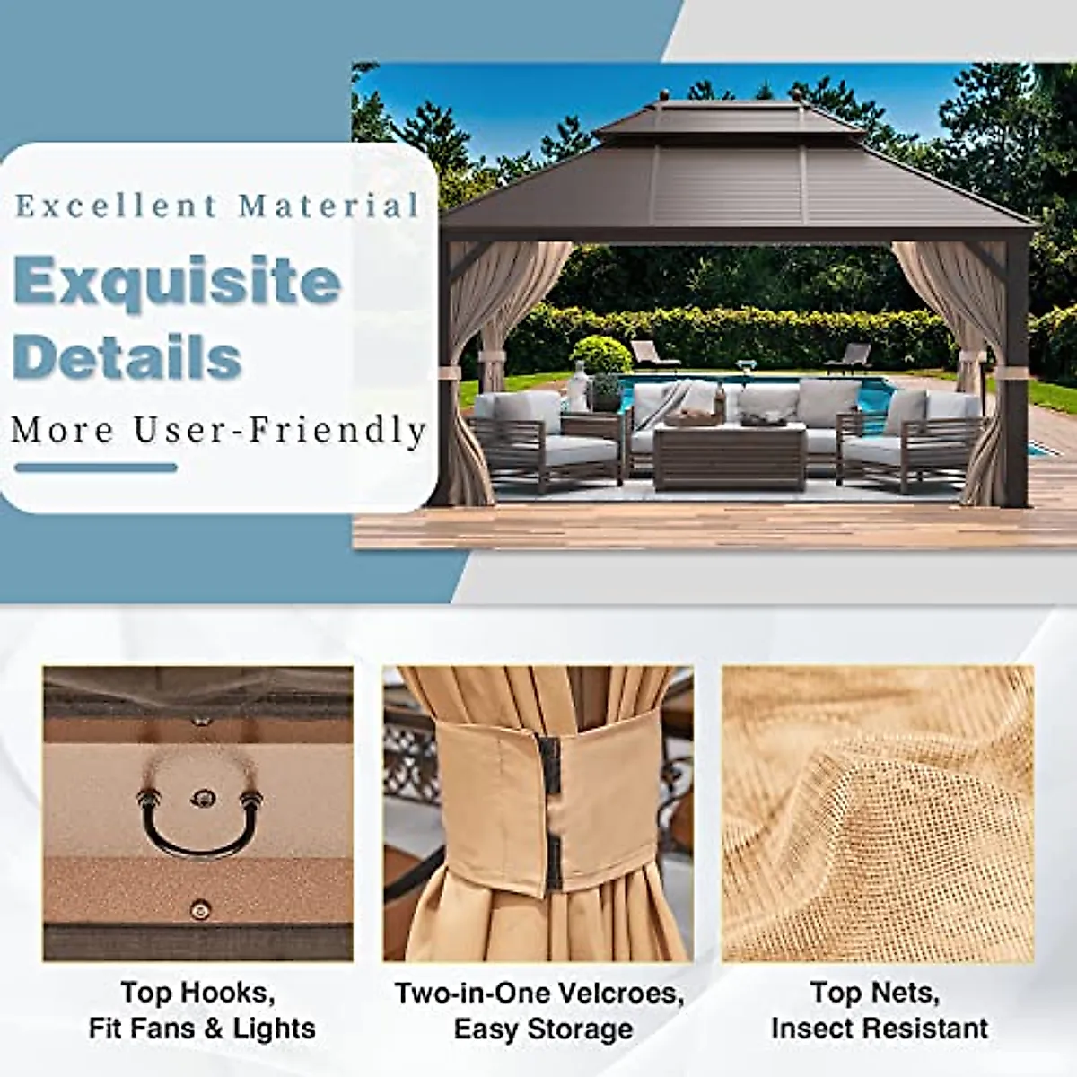 MELLCOM 10' x 13' Hardtop Gazebo, Galvanized Steel Metal Double Roof Aluminum Gazebo with Curtains and Netting, Brown Permanent Pavilion Gazebo with Aluminum Frame for Patios, Gardens, Lawns