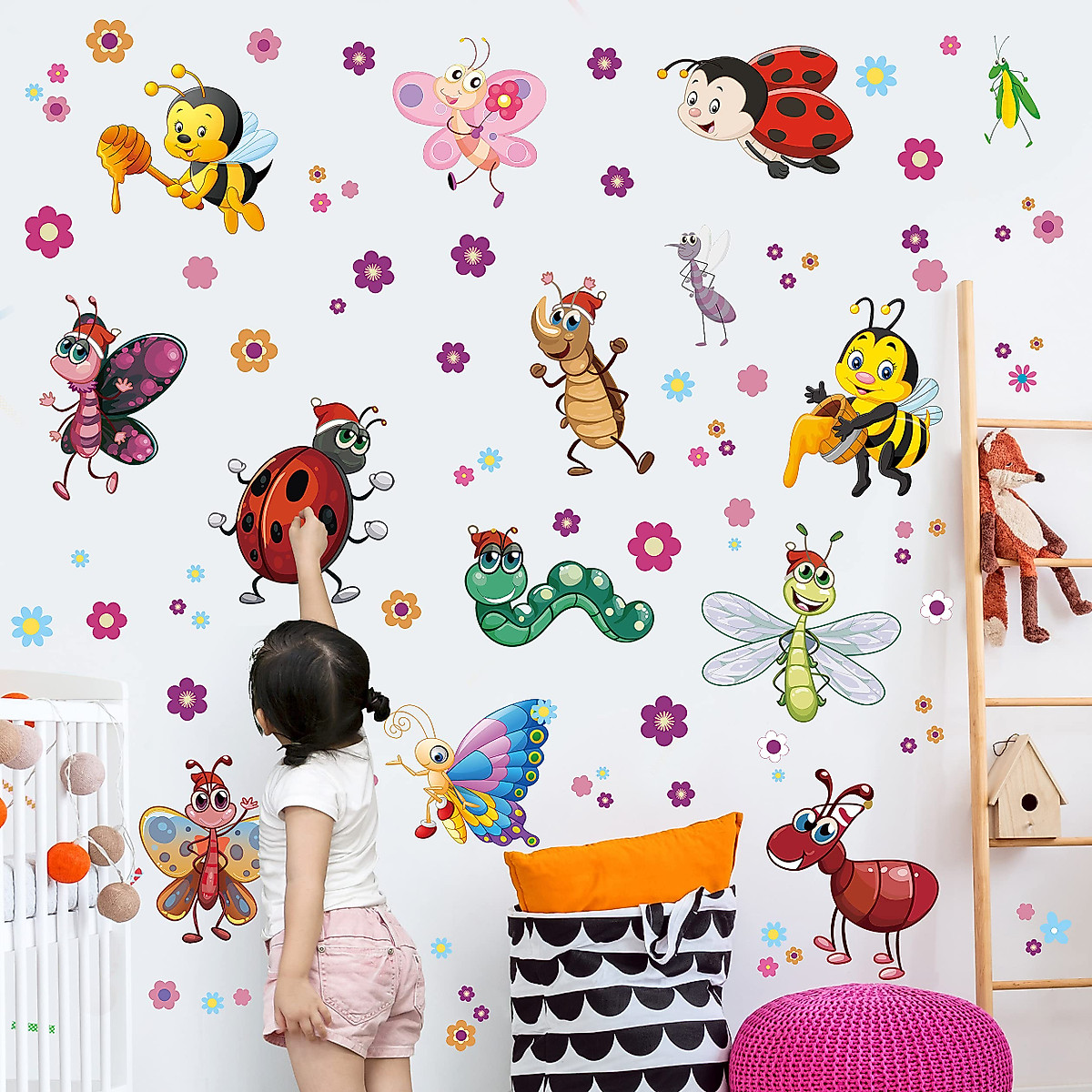 Cartoon Insect Wall Sticker DIY Removable Little Bee Flower Butterfly Ant Snake Ladybug Dragonfly Praying Mantis Peel and Stick Wall Decal Decor for Kids Baby Boys Bedroom Playroom Nursery Classroom