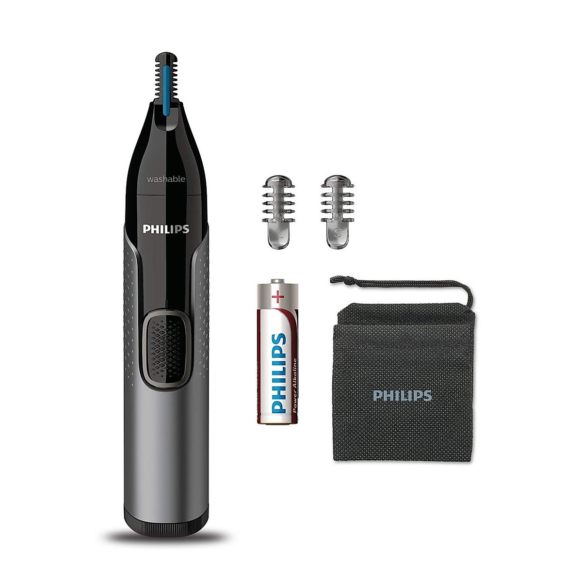 Philips Nose Trimmer Nt3650/16, Nose, Ear & Eyebrow Trimmer with Protective Guard System, Fully Washable, Including AA Battery, 2 Eyebrow Combs, Pouch (Gray)