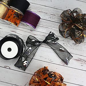 MEEDEE Halloween Ribbon - 6 Rolls, 36 Yards, Wired, Purple, Orange, Black, Skull Pattern